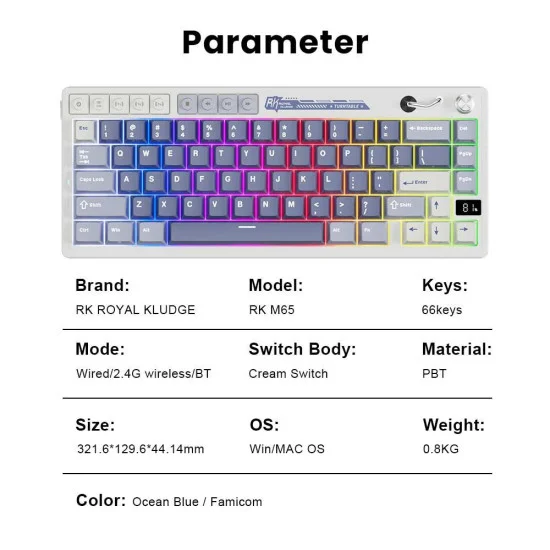 ROYAL KLUDGE RK M65 Hot Swappable Tri Mode Mechanical Gaming Keyboard